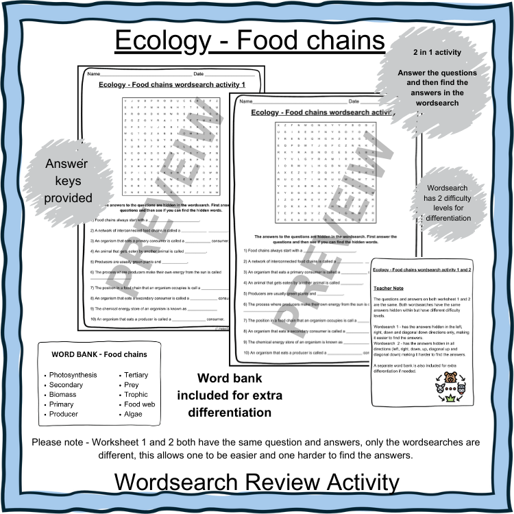 ECOLOGY - FOOD CHAINS WORKSHEET AND WORDSEARCH REVIEW ACTIVITY ...