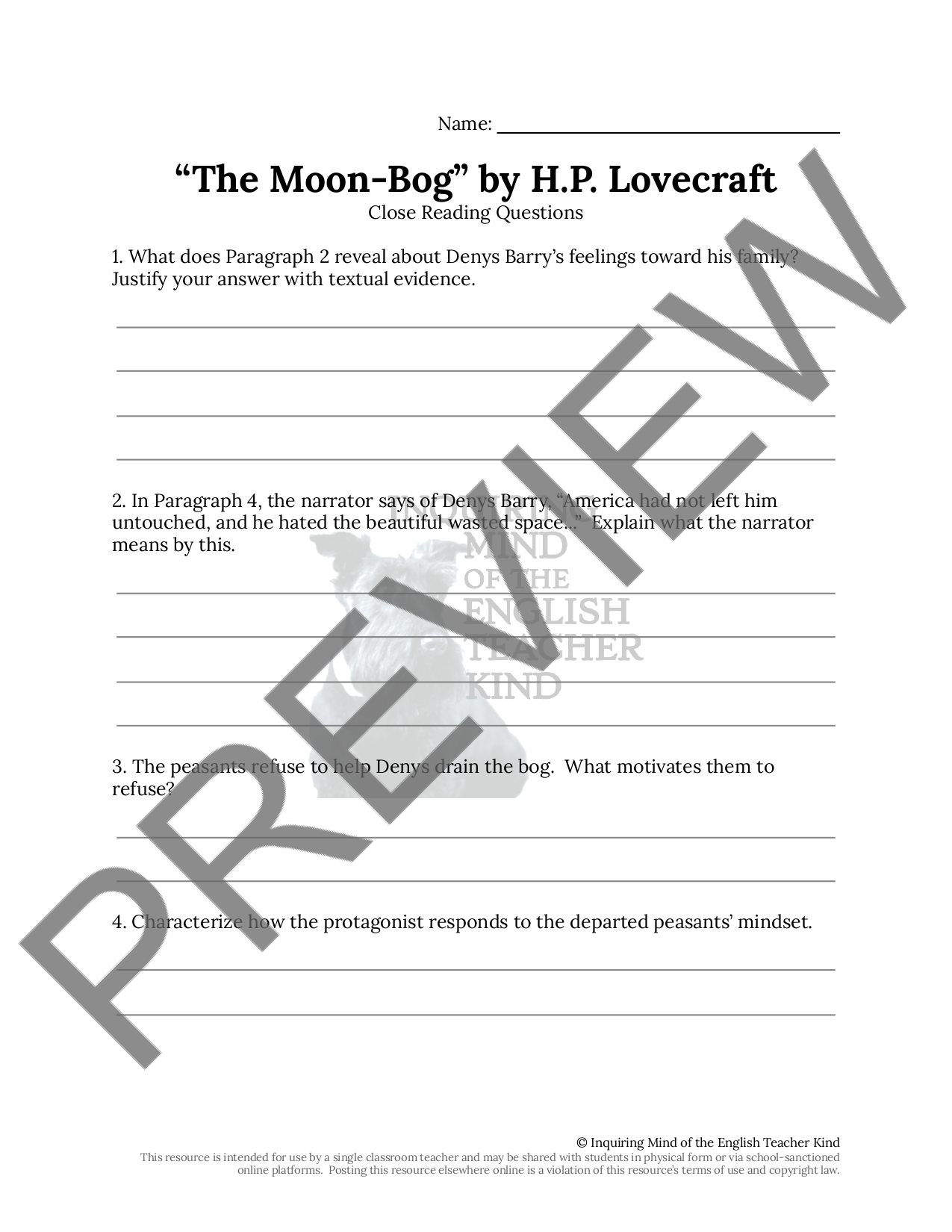 "The Moon Bog" by H.P. Lovecraft Close Reading Worksheet | Teaching ...