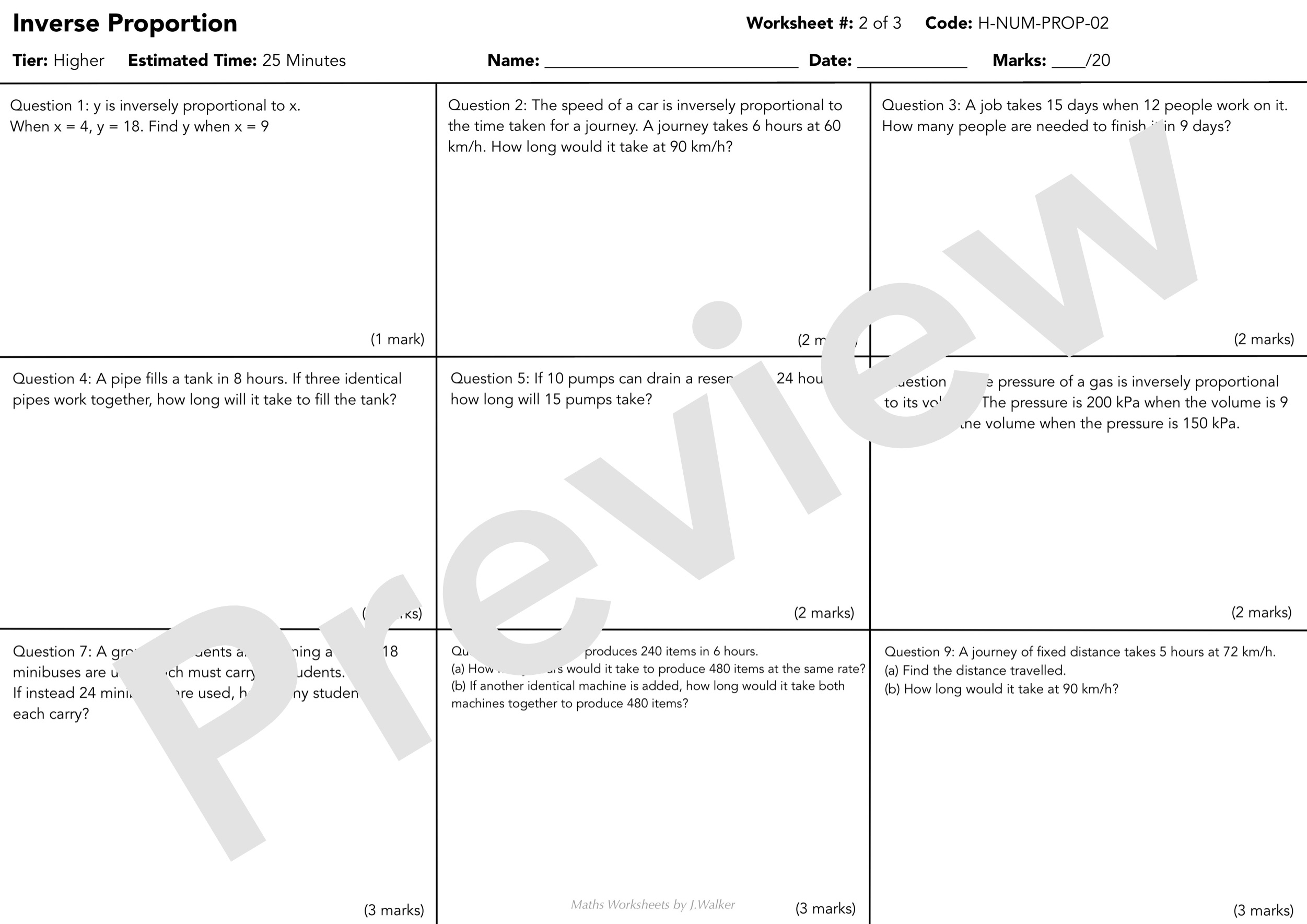 GCSE Maths Worksheet: Inverse Proportion - Higher Tier | Teaching Resources
