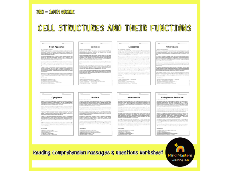 Cell Structures and Their Functions Reading Comprehension Passages & Questions Worksheets Bundle ...