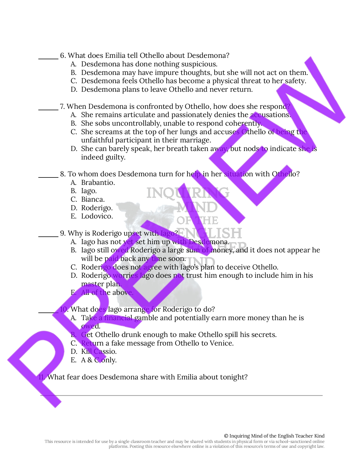 Othello Act 4 Quiz and Answer Key | Teaching Resources