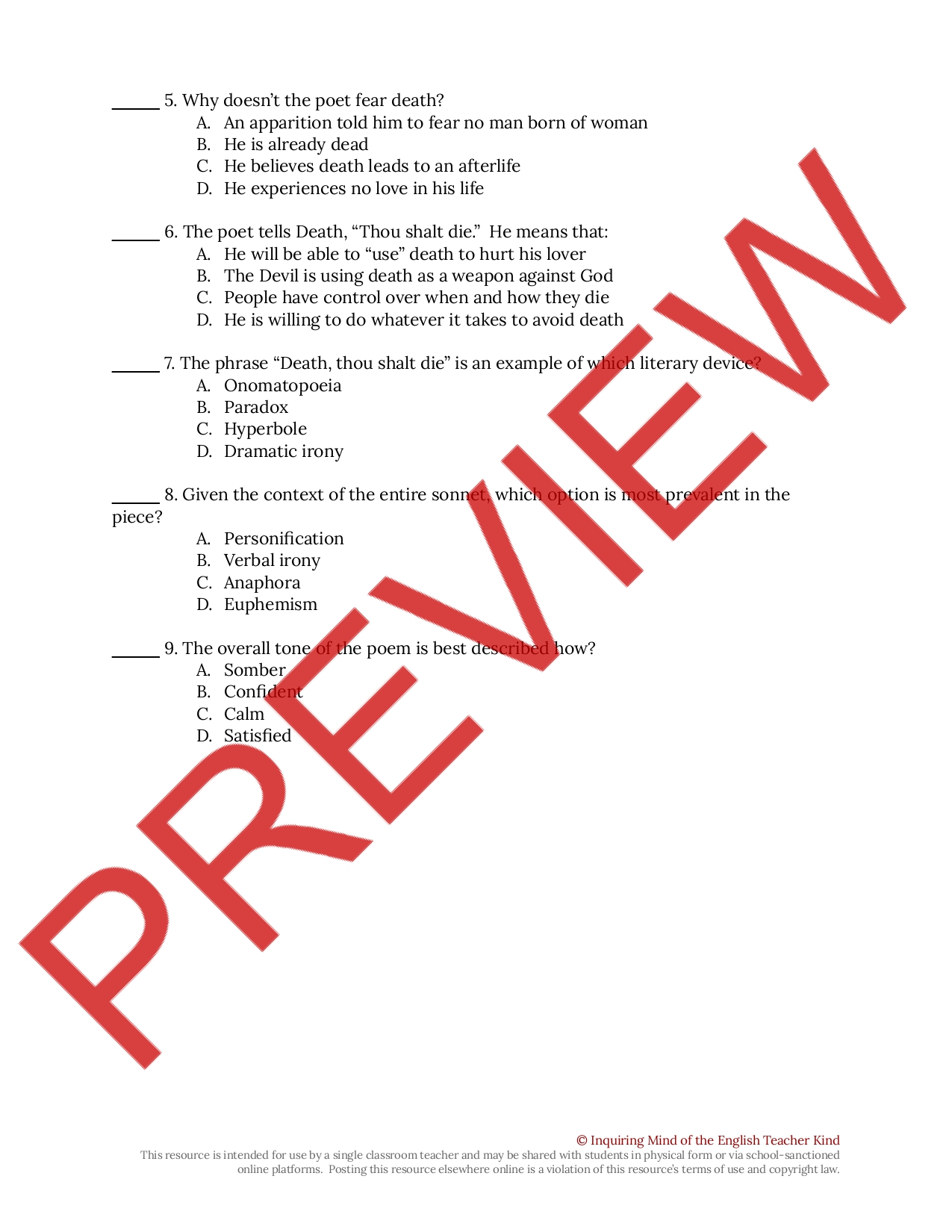 Sonnet X by John Donne ("Death Be Not Proud") Close Reading Worksheet ...