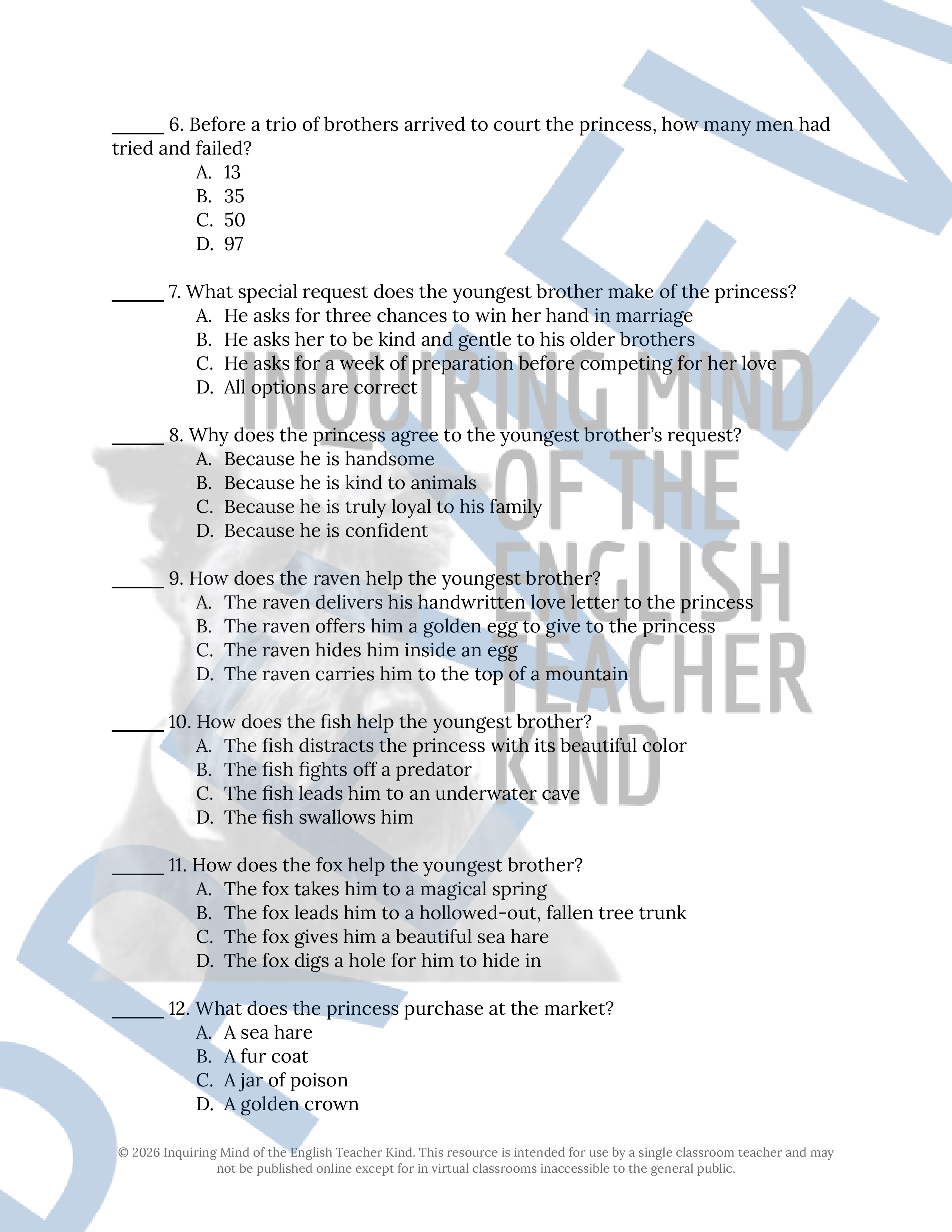 "The Sea Hare" Quiz and Answer Key | Grimm's Fairy Tale Assessment ...