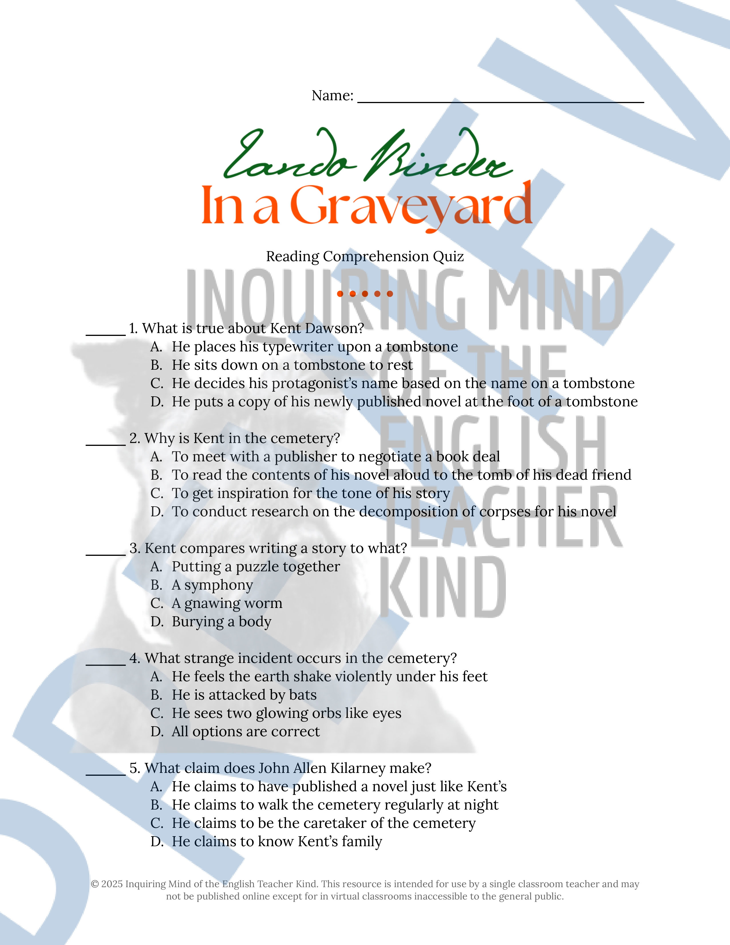 "In a Graveyard" by Eando Binder Quiz and Key | Paranormal Fiction ...