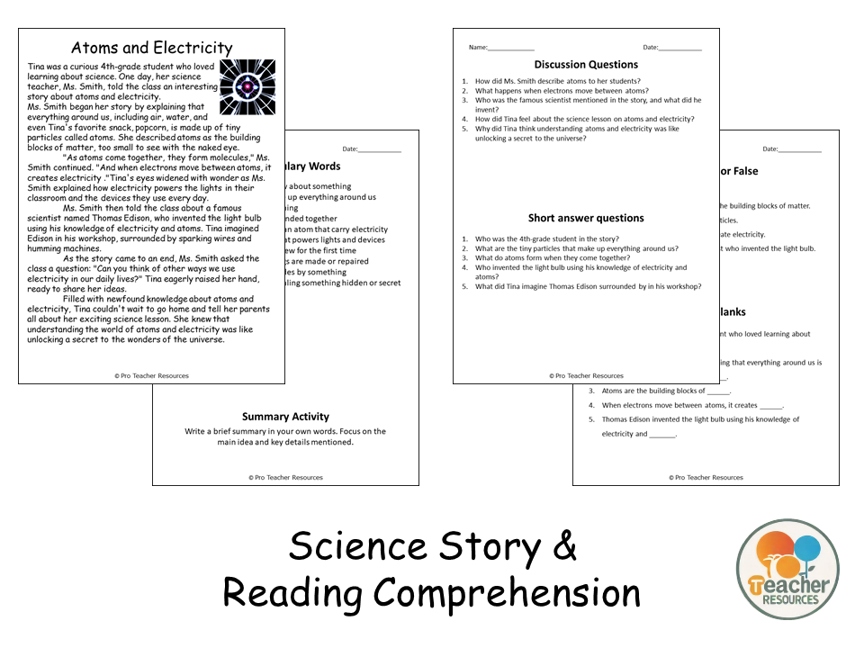 Atoms and Electricity Reading Science Story Comprehension Questions ...