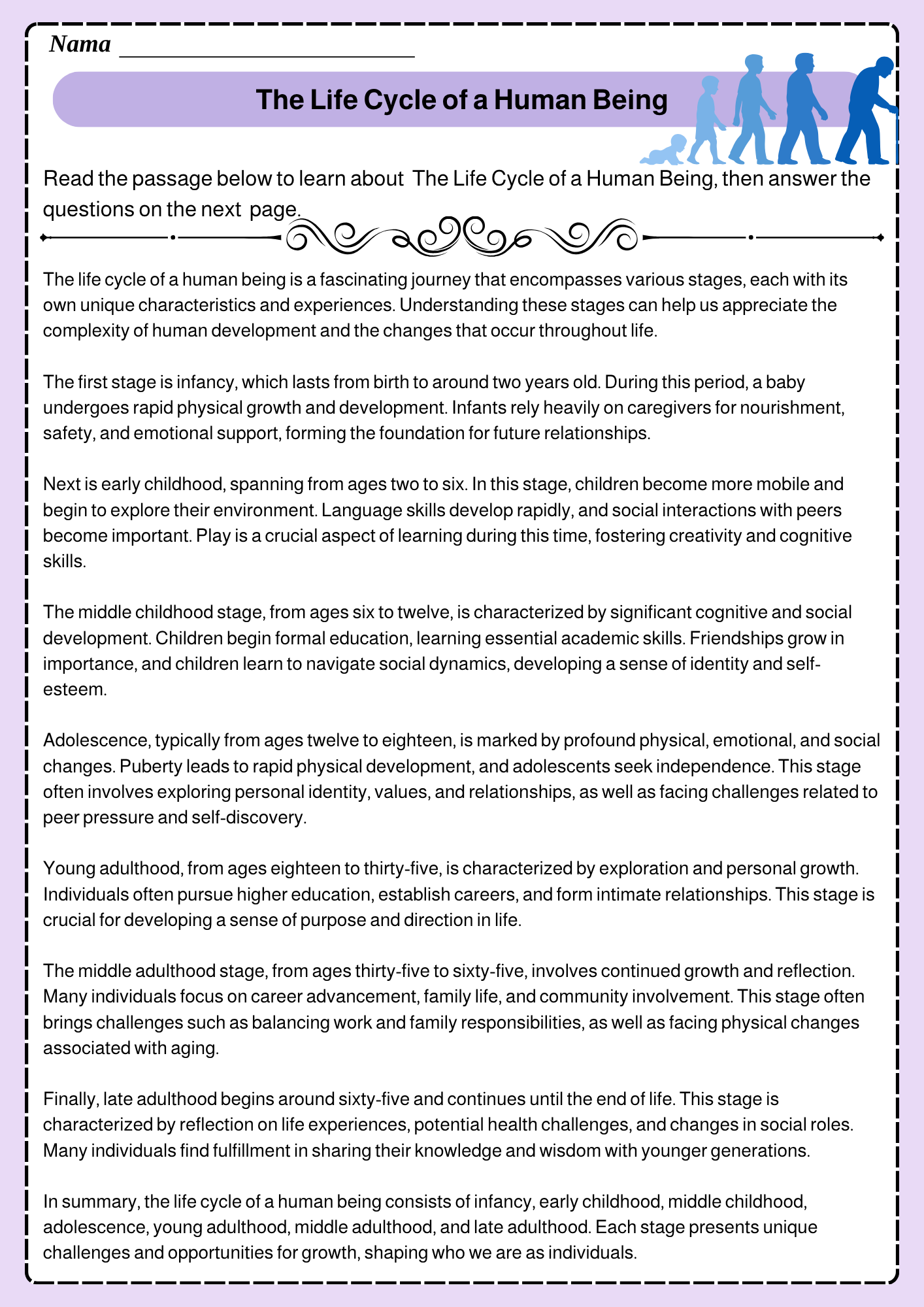 The Life Cycle of a Human Being Reading Comprehension Passages ...