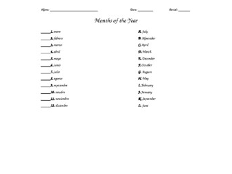 The Months of the Year Spanish Vocabulary Matching Quiz or Worksheet ...