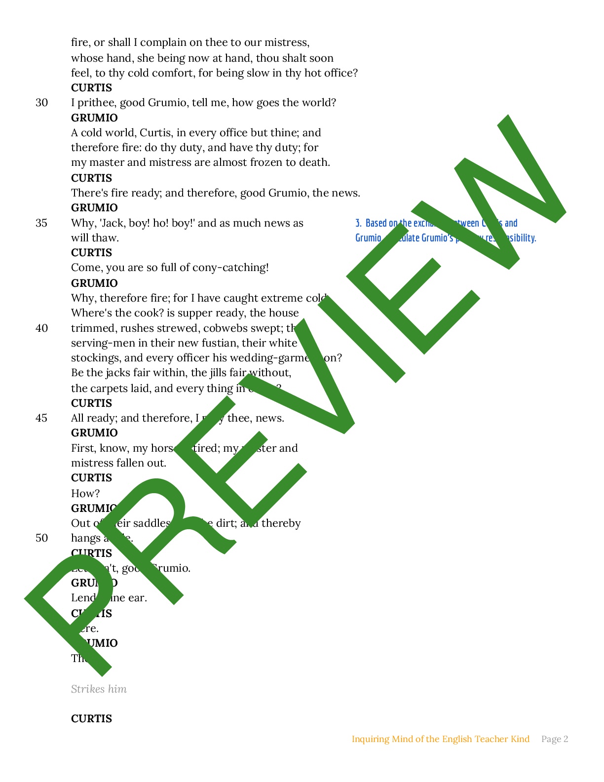 Shakespeare's Taming of the Shrew Act 4 Scene 1 Close Reading Analysis ...
