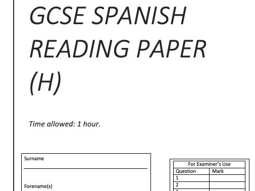 GCSE SPANISH PAPER 3 MOCK (READING, H) | Teaching Resources