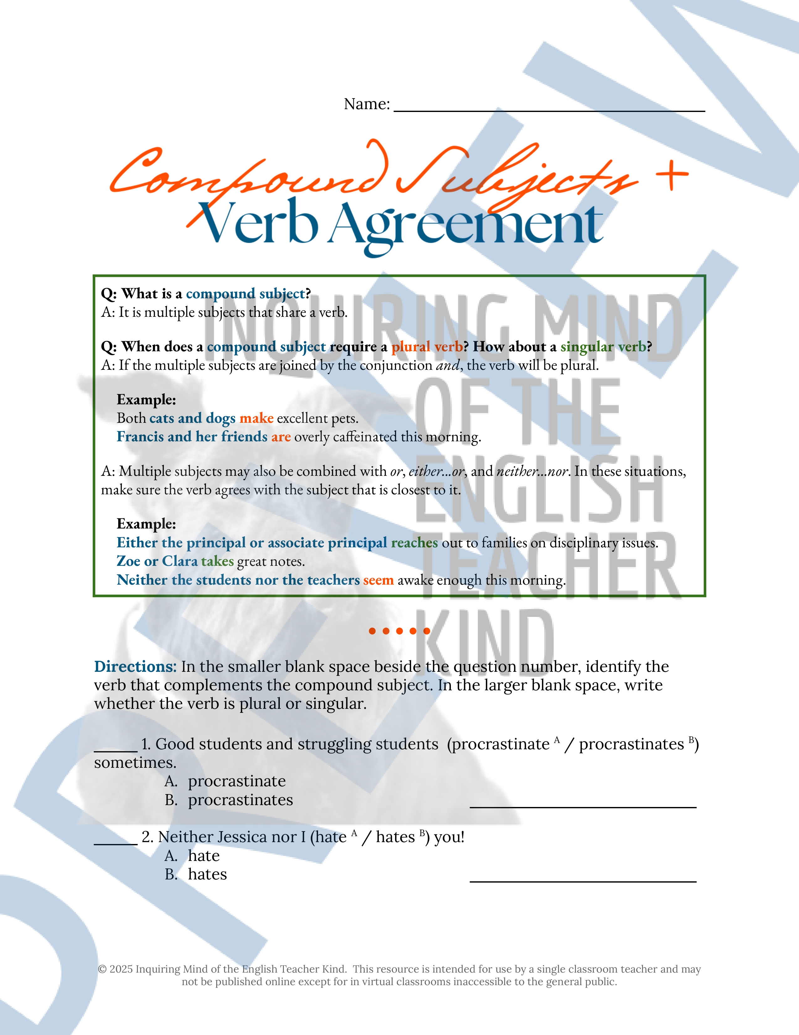Grammar Review Worksheet on Compound Subjects and Verb Agreement ...