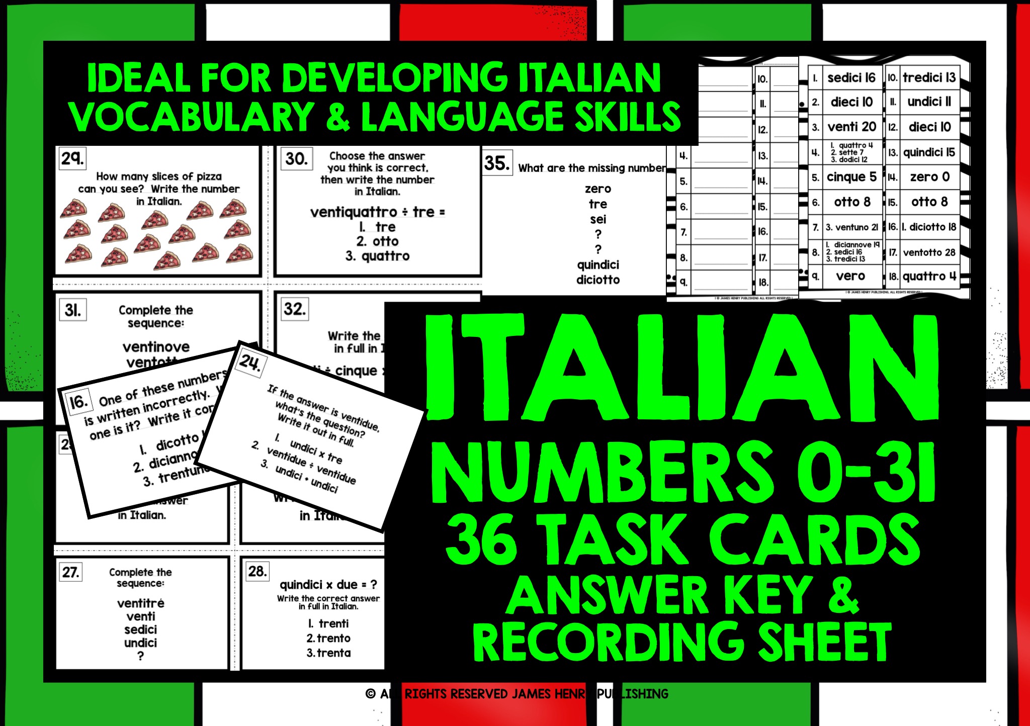 ITALIAN NUMBERS 0-31 CHALLENGE CARDS | Teaching Resources