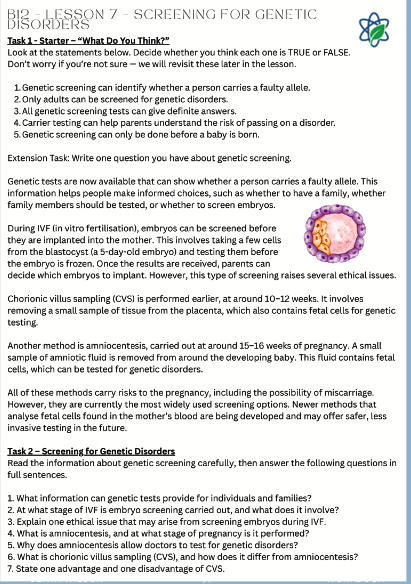 B12/L7 - Screening for Genetic Disorders With Answers / GCSE / AQA ...