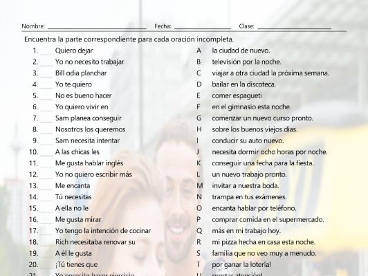 Infinitives Sentence Match Spanish Worksheet | Teaching Resources