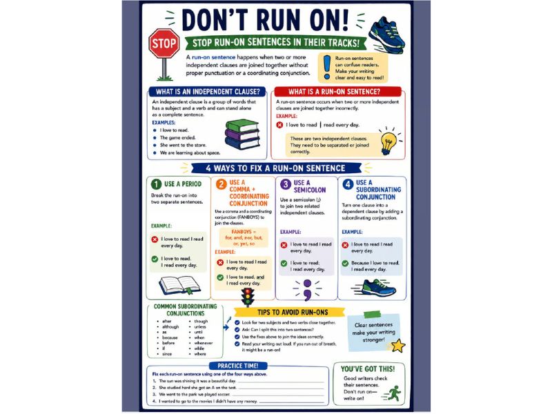 Run-On Sentences/Common Grammar Errors 18"x24" Classroom Poster ...