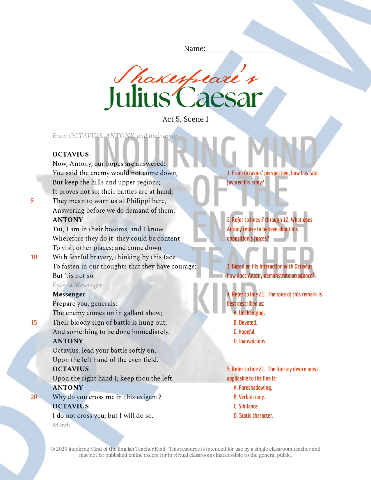 Julius Caesar Act 5 Scene 1 Close Reading Analysis Worksheet and Answer ...