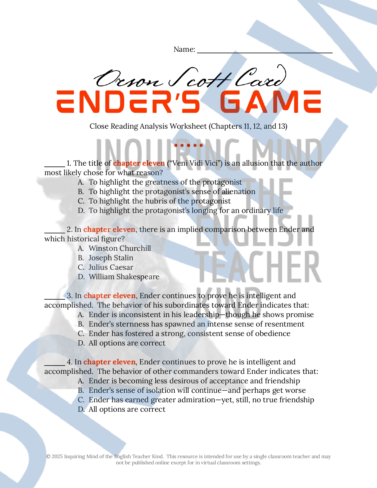 Ender's Game Chapters 11, 12, and 13 Close Reading Analysis Worksheet | Teaching Resources