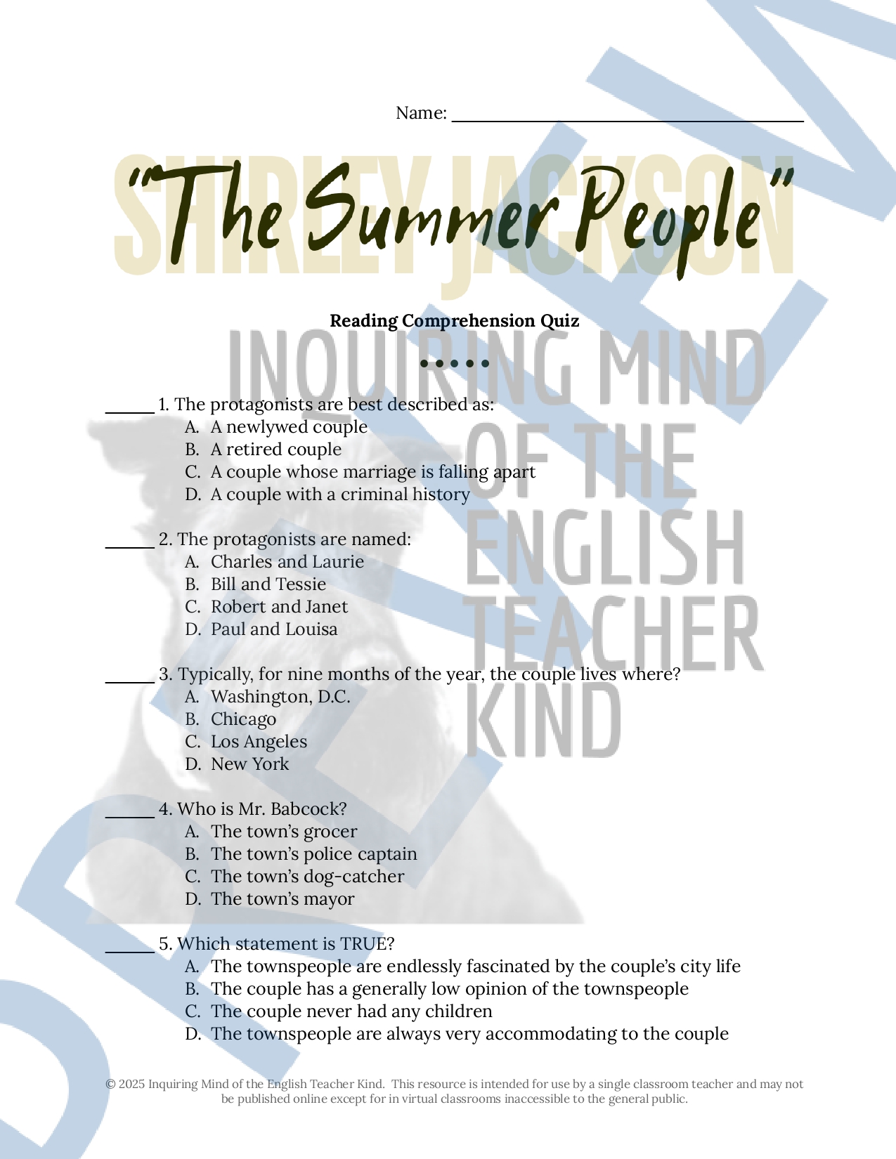 "The Summer People" by Shirley Jackson Quiz and Answer Key (Short Story ...