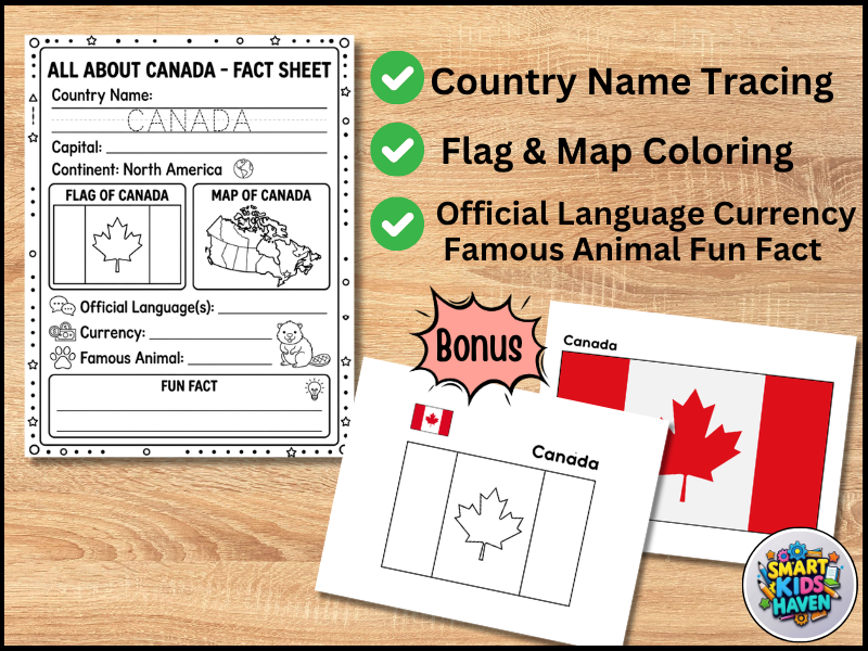 Canada Map and Flag Country Study Research Project Worksheet Geography ...