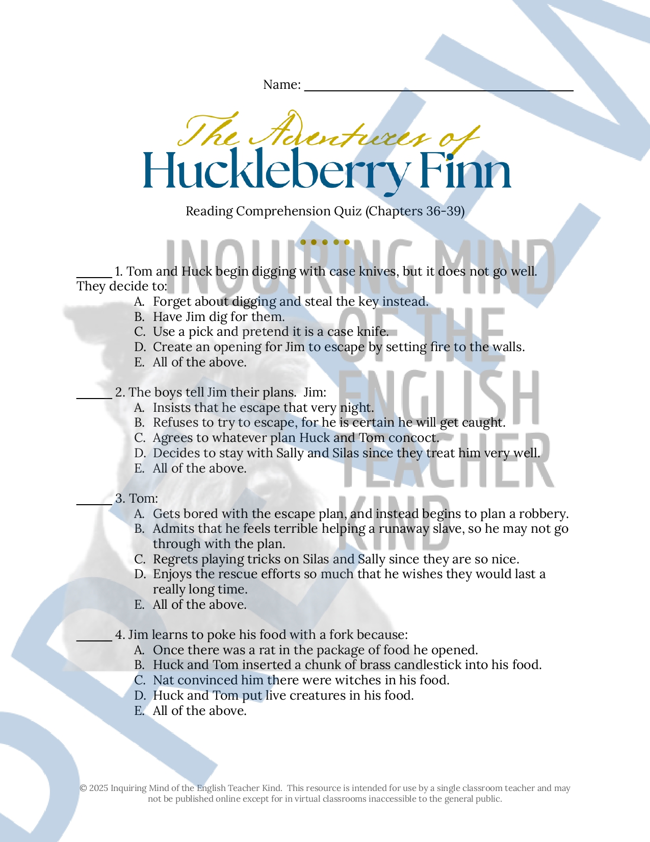 The Adventures of Huckleberry Finn Chapters 36, 37, 38, and 39 Quiz and ...