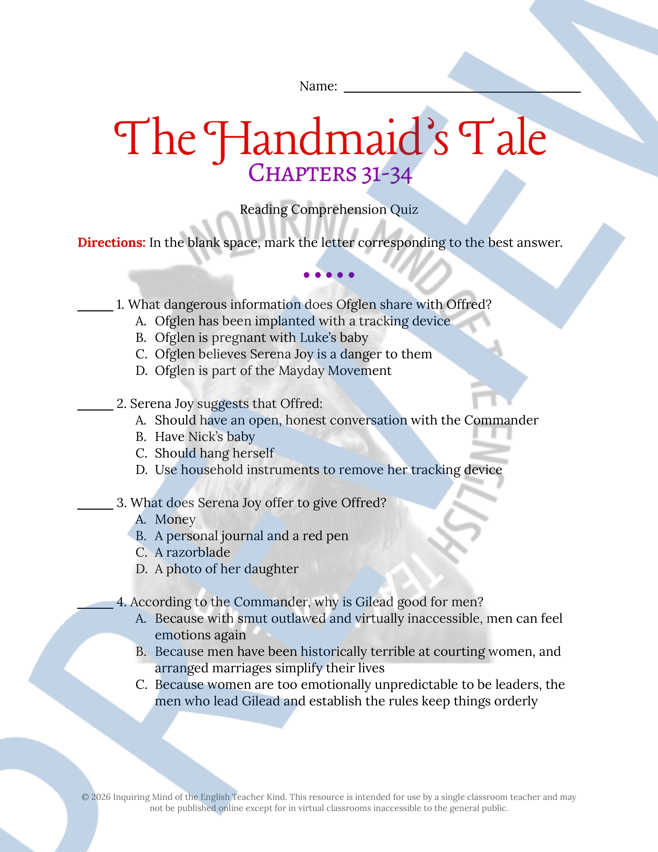 The Handmaid's Tale Chapters 31, 32, 33, and 34 Quiz and Answer Key ...