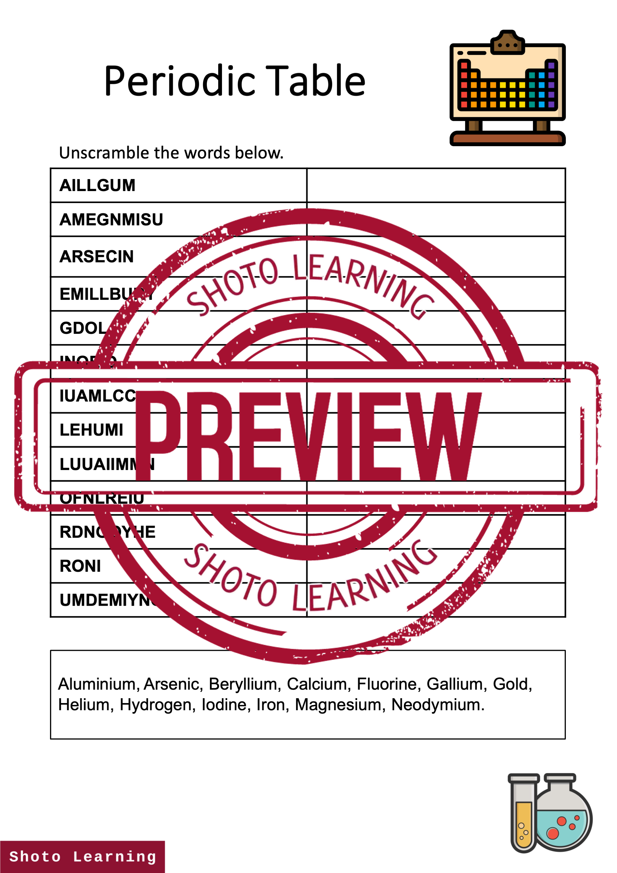PERIODIC TABLE SCIENCE ACTIVITY - SCRAMBLE WORDS UNSCRAMBLE VOCABULARY ...