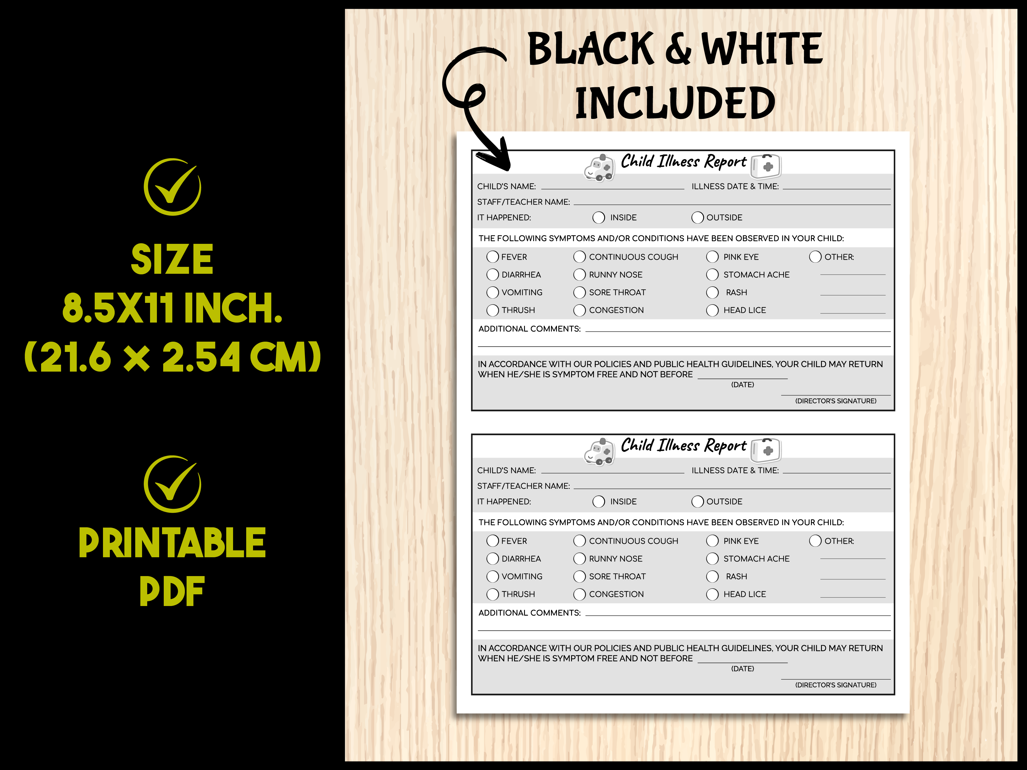 Child Sick Report Note | Illness Notice for Daycare, Preschool & Child ...