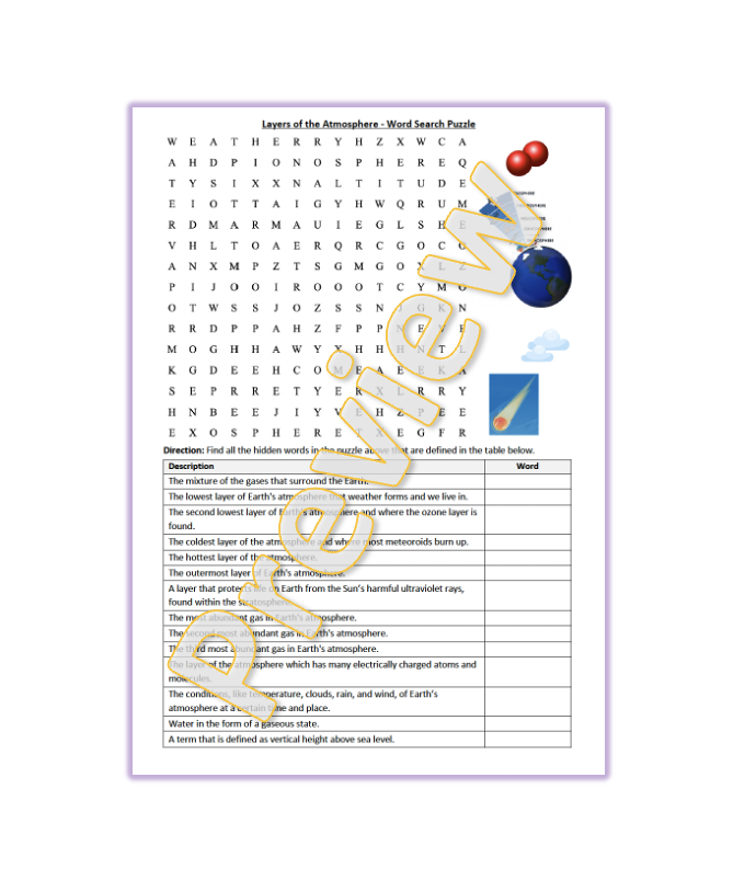 Layers of the Atmosphere - Word Search Puzzle Worksheet, PDF: Earth ...