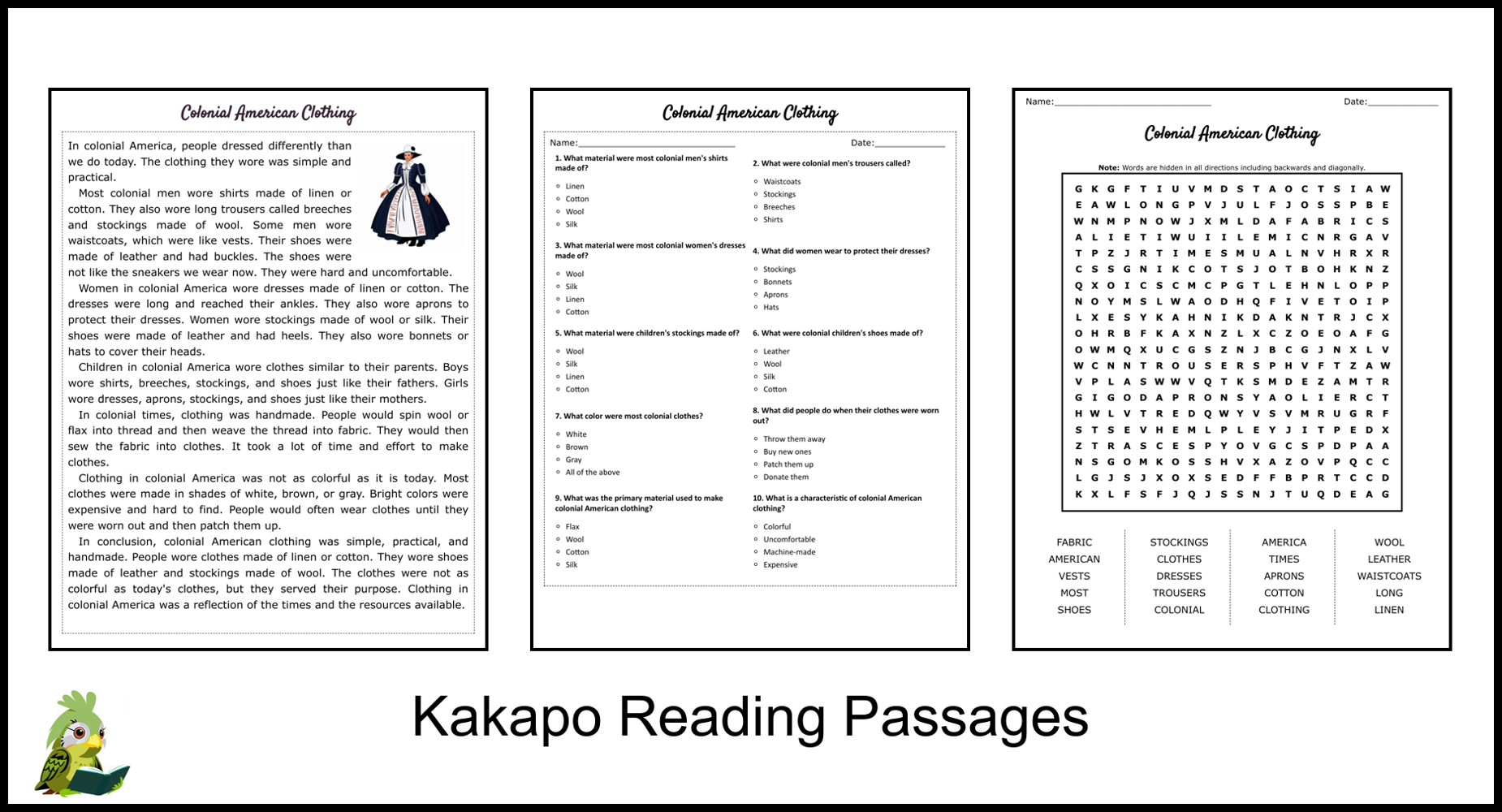 Colonial American Clothing Reading Comprehension and Word Search ...