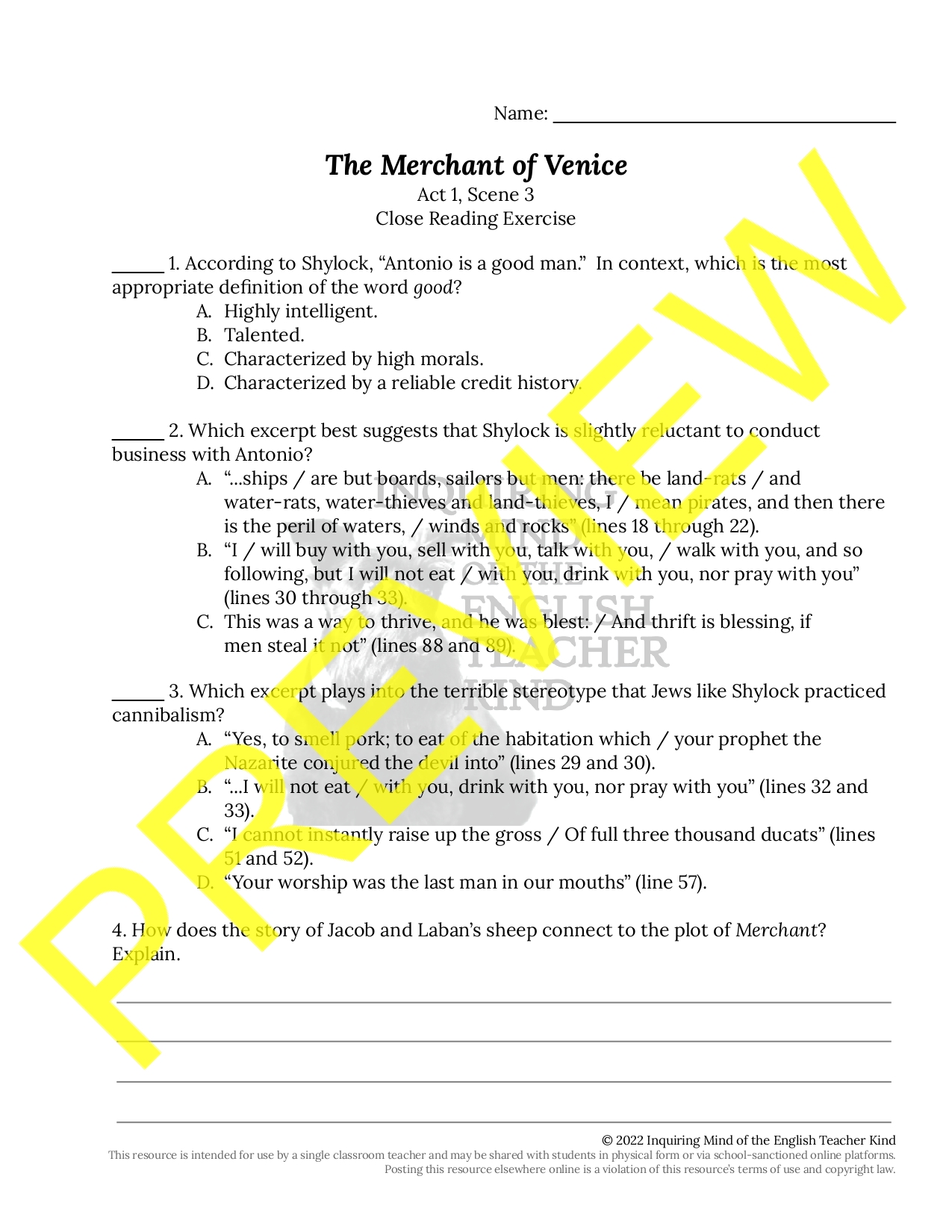 The Merchant of Venice Act 1 Scene 3 Close Reading Analysis Activity | Teaching Resources