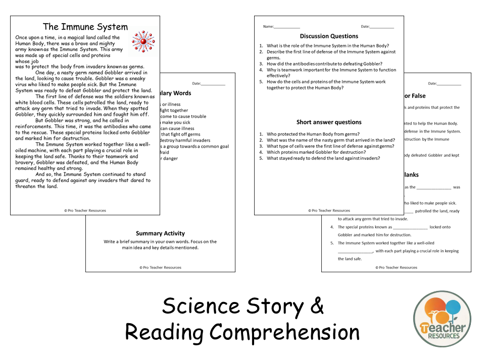 The Immune System Reading Science Story Comprehension Questions ...