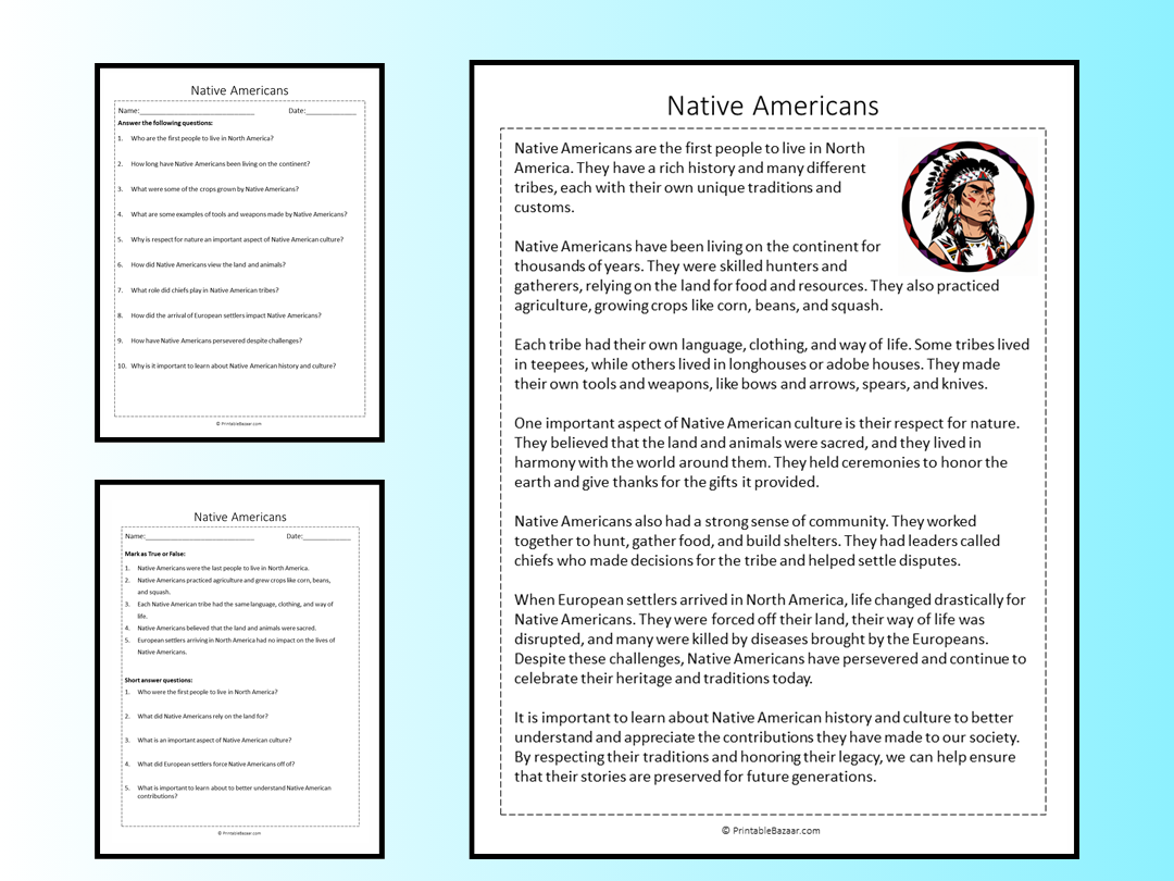 Native Americans Reading Comprehension Passage Printable Worksheet ...
