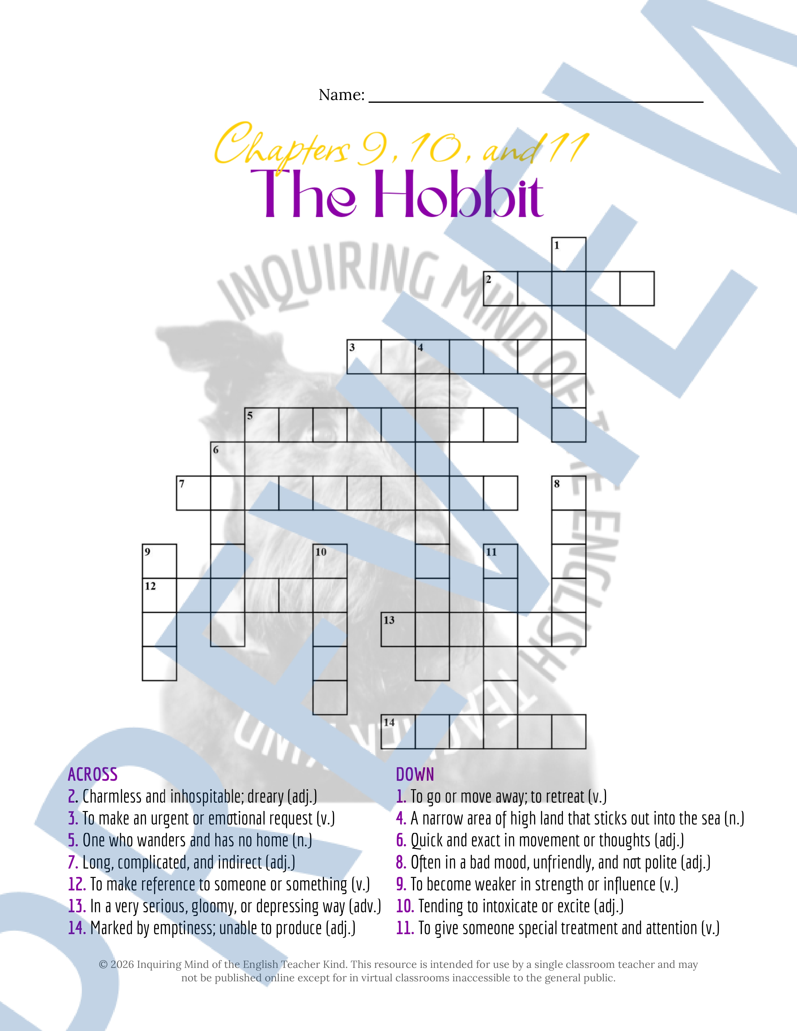 The Hobbit Chapters 9, 10, and 11 Vocabulary Games | Crossword Puzzle ...