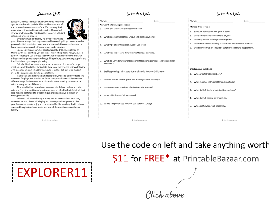 Salvador Dali Biography Reading Comprehension Passage Printable ...