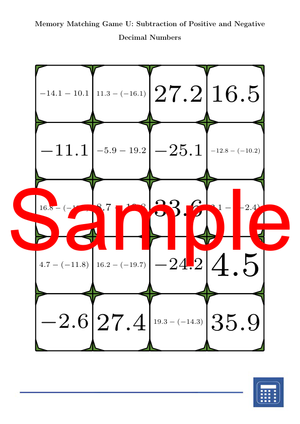 Memory Matching Game | Subtraction of Positive and Negative Decimal ...
