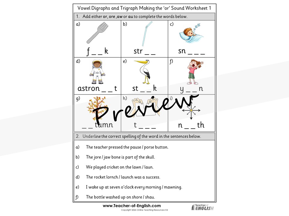 Vowel Digraphs and Trigraph Making the 'or' Sound - Year 1 Spelling ...