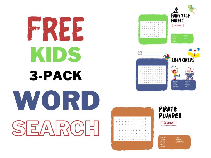 Free 3-Pack Word Search For Kids + Solutions | Teaching Resources