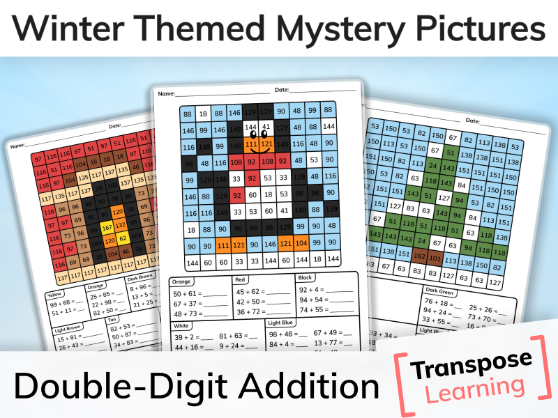 Winter Double Digit Addition Mystery Pictures | Math Color by Code ...