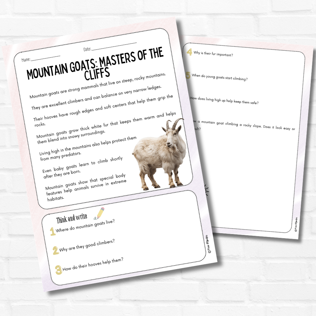 Differentiated Mountain animals Reading Comprehension | Nonfiction ...
