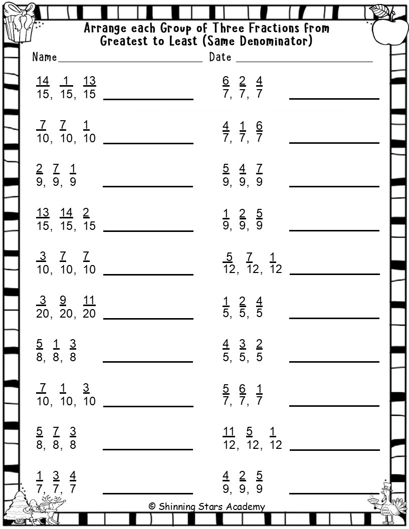 Ordering Fractions (Greatest to Least) with Same Denominators ...