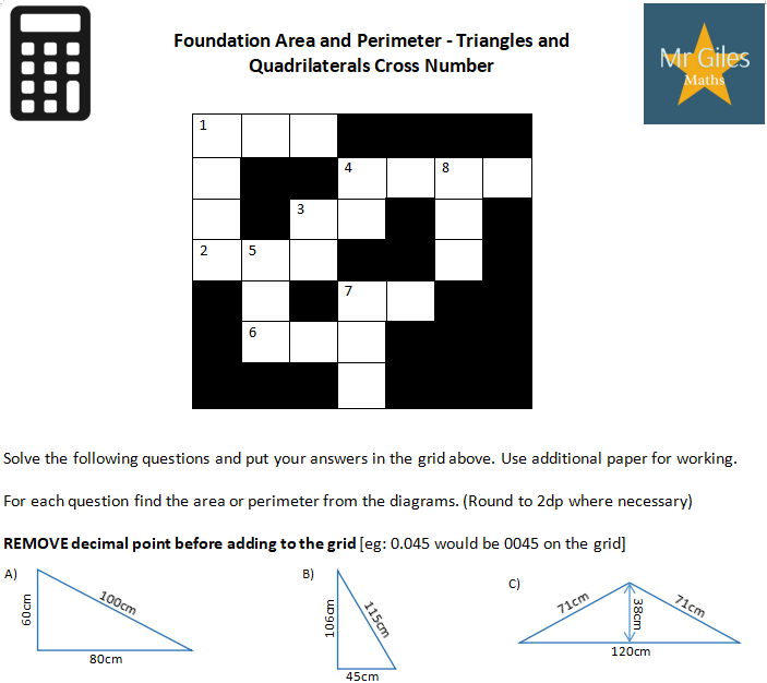 Foundation Area and Perimeter - Triangles and Quadrilaterals Cross ...