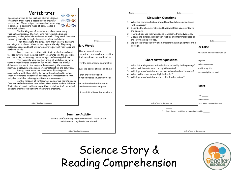 Vertebrates Reading Science Story Comprehension Questions Worksheet ...