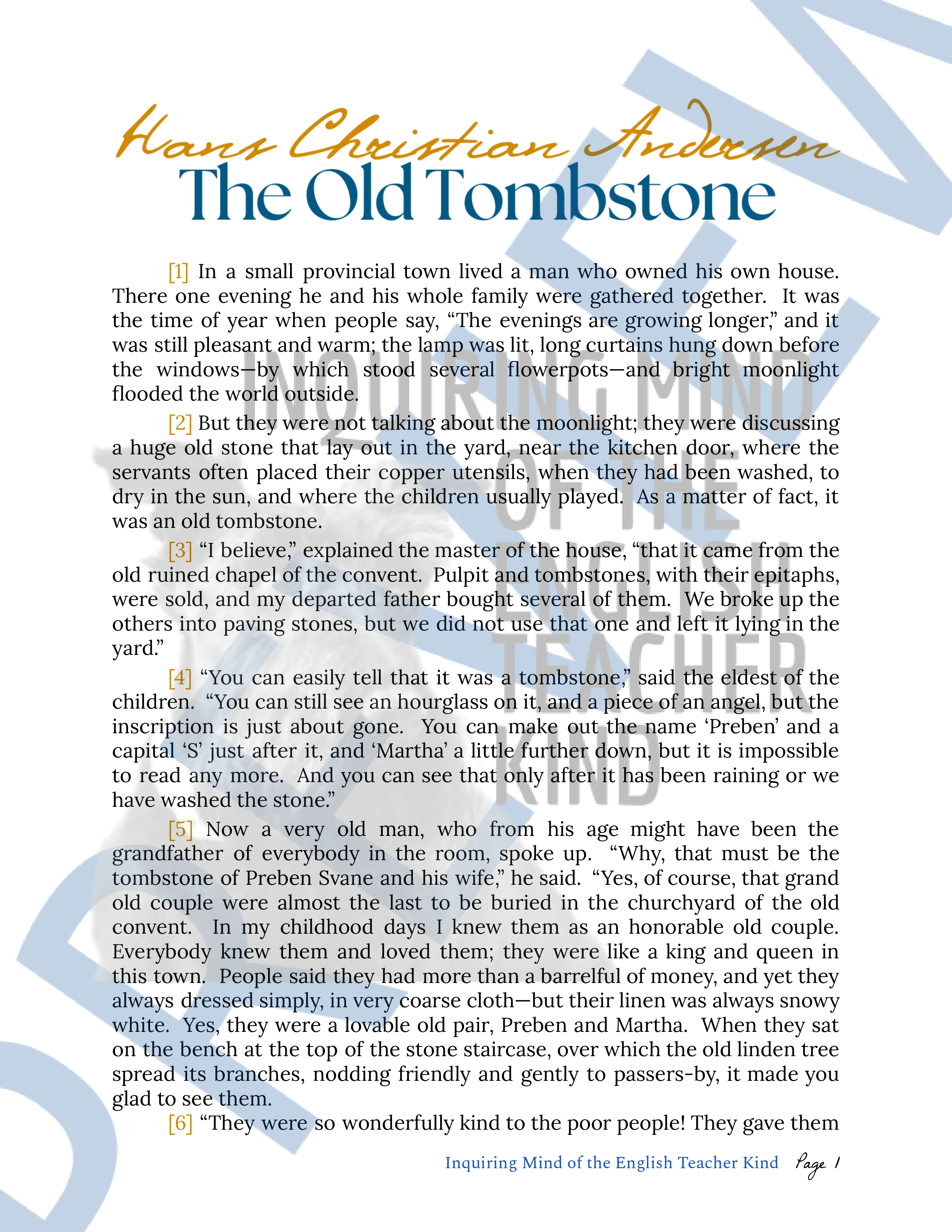 "The Old Tombstone" by Hans Christian Andersen Quiz and Answer Key ...