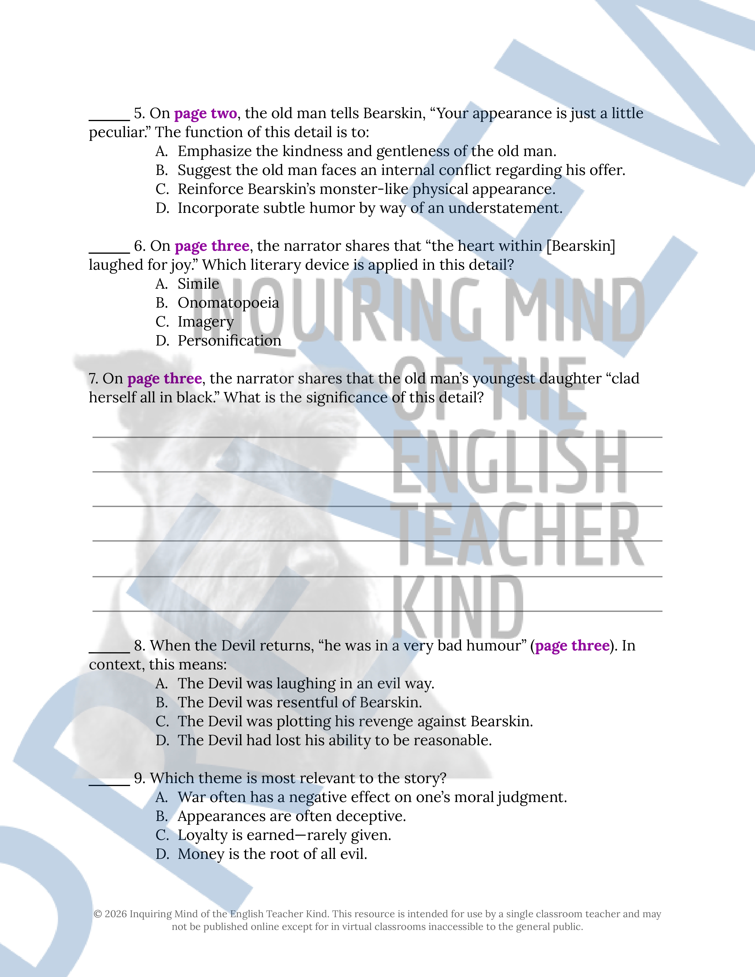 "Bearskin" by the Brothers Grimm Close Reading Analysis Worksheet ...