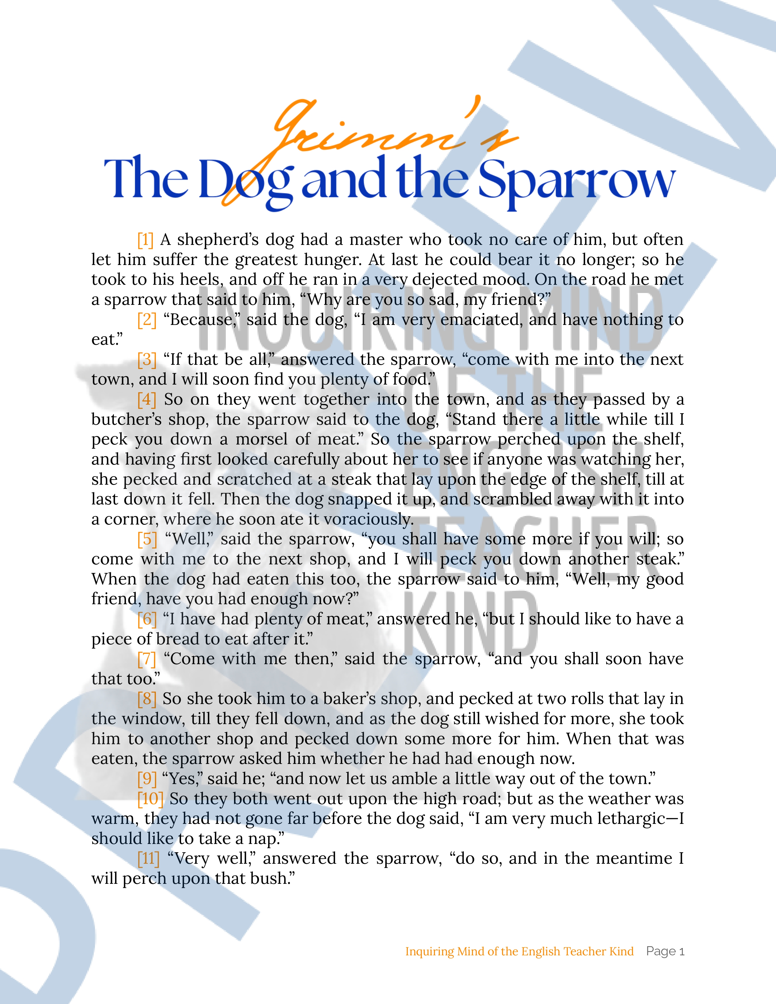 "The Dog and the Sparrow" by the Brothers Grimm Quiz and Answer Key ...