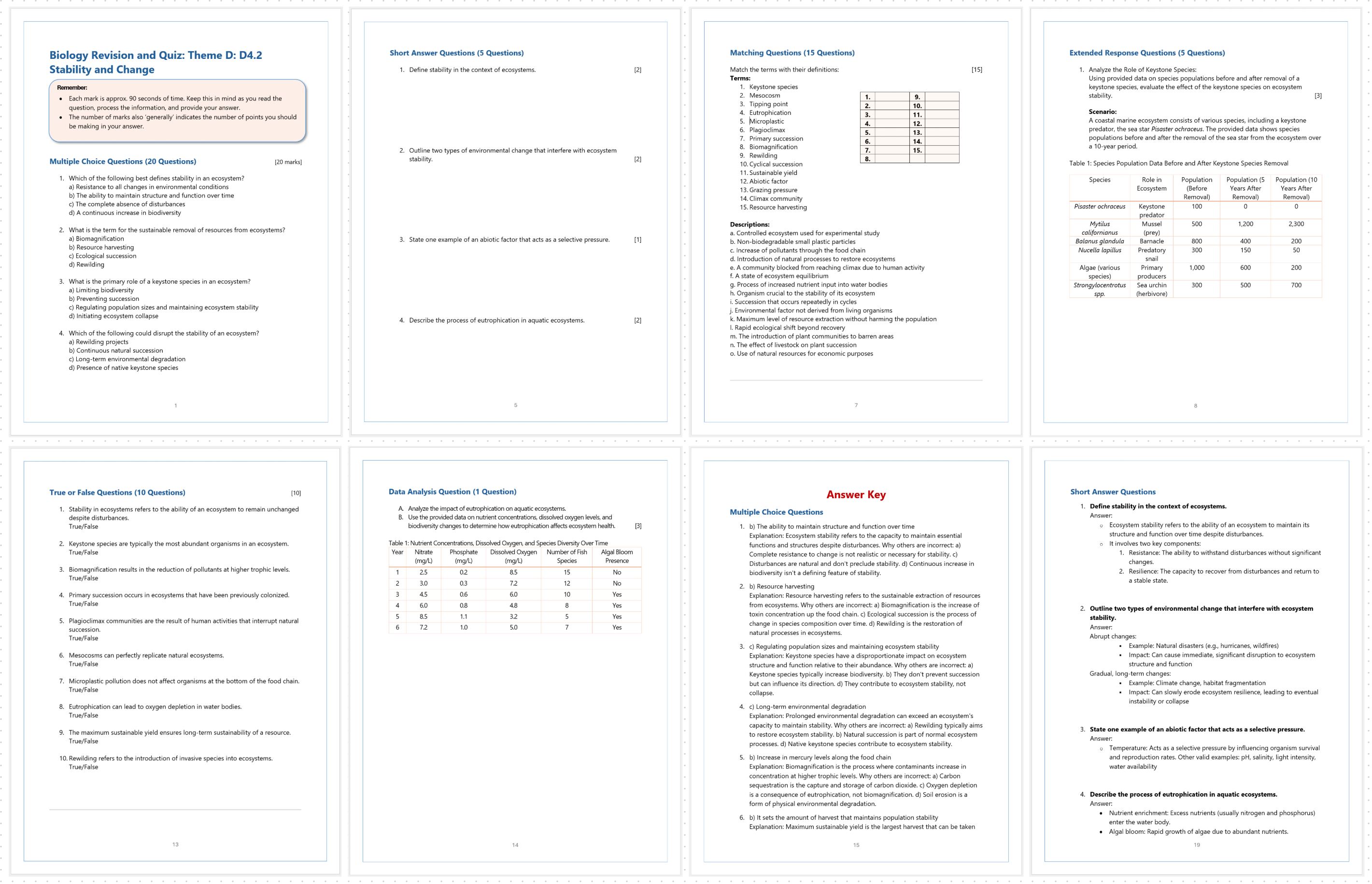 IB DP Biology D4.2 Stability and Change Quiz and Revision Worksheets ...
