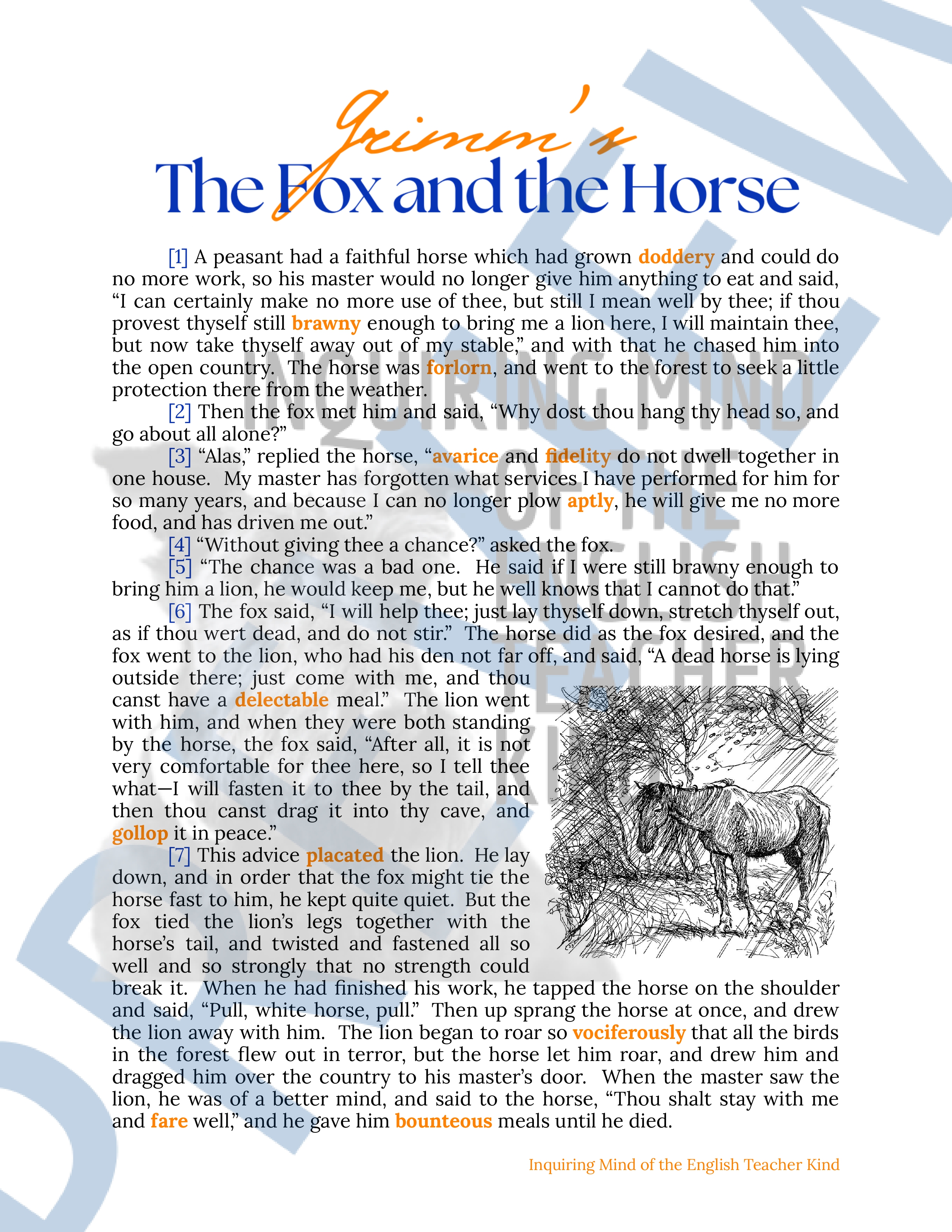"The Fox and the Horse" Close Reading Analysis Worksheet | Grimm's ...