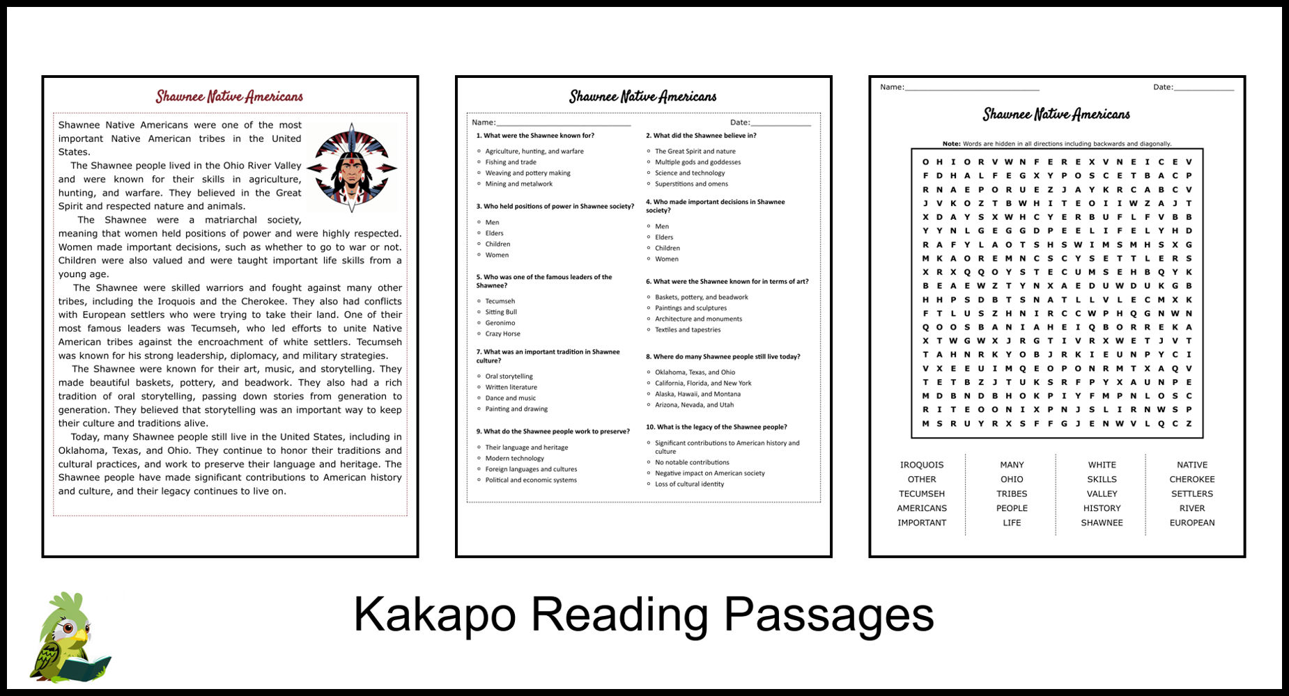 Shawnee Native Americans Reading Comprehension and Word Search ...