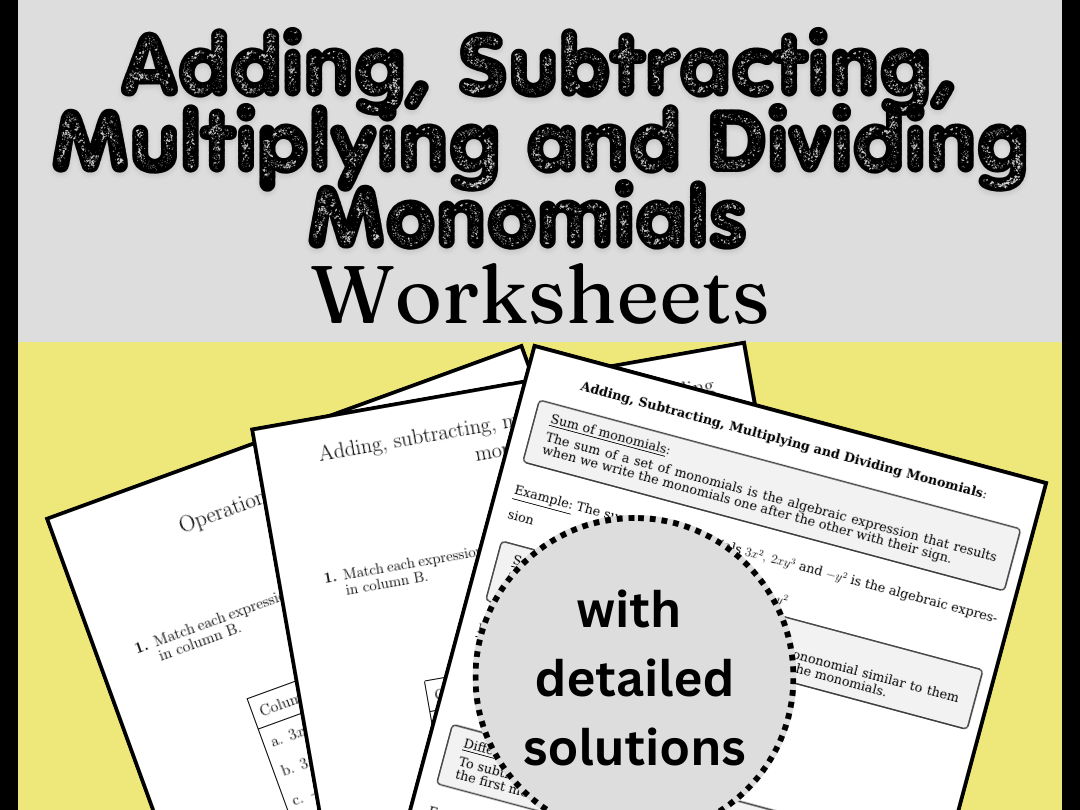 Adding, Subtracting, Multiplying and Dividing Monomials Worksheets ...