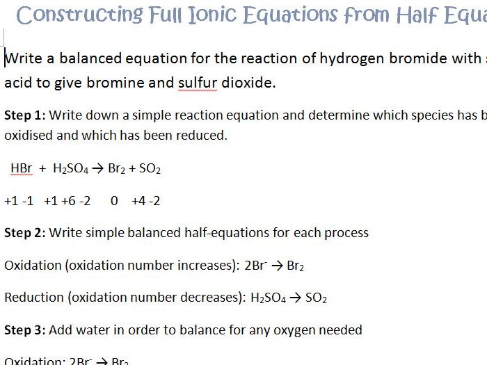 Redox Constructing Half Equations And Ionic Equations Teaching Resources