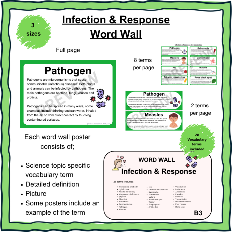 SCIENCE WORD WALL - BIOLOGY B3 - INFECTION & RESPONSE *PRINTABLE ...